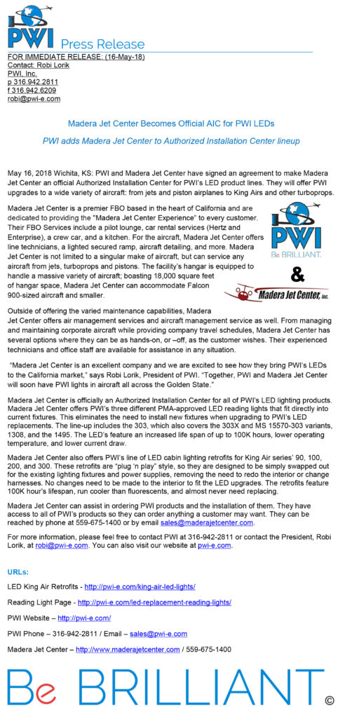 Madera Jet Center Becomes Official AIC for PWI LEDs - PWI, Inc.